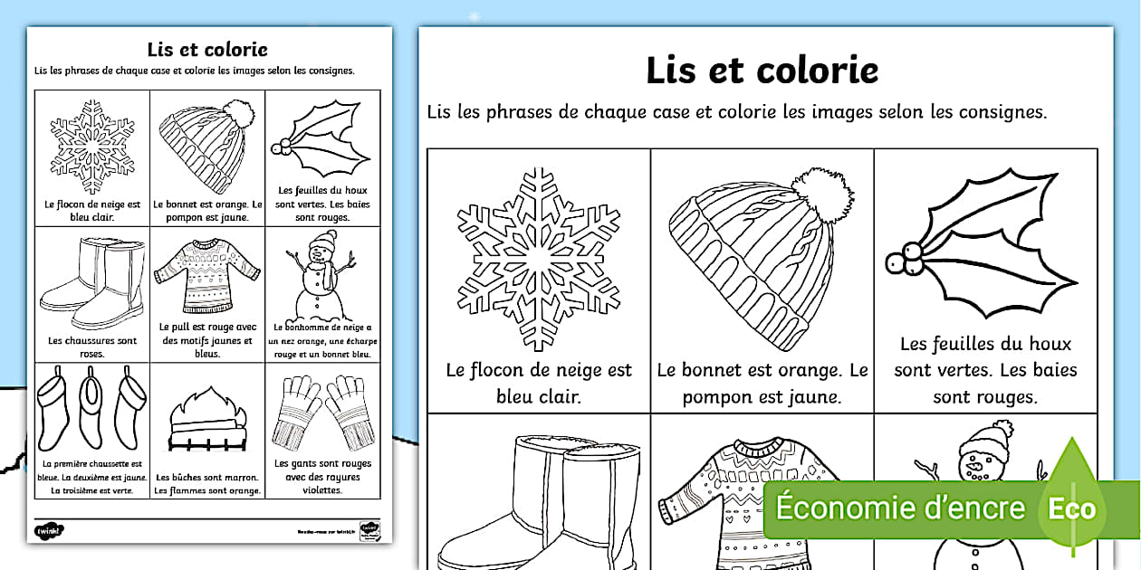 Hiver : Lis et Colorie - Fiche pédagogique - Twinkl CA
