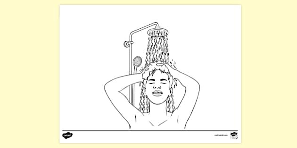 Washing Hair Shower Colouring | Colouring Sheets - Twinkl