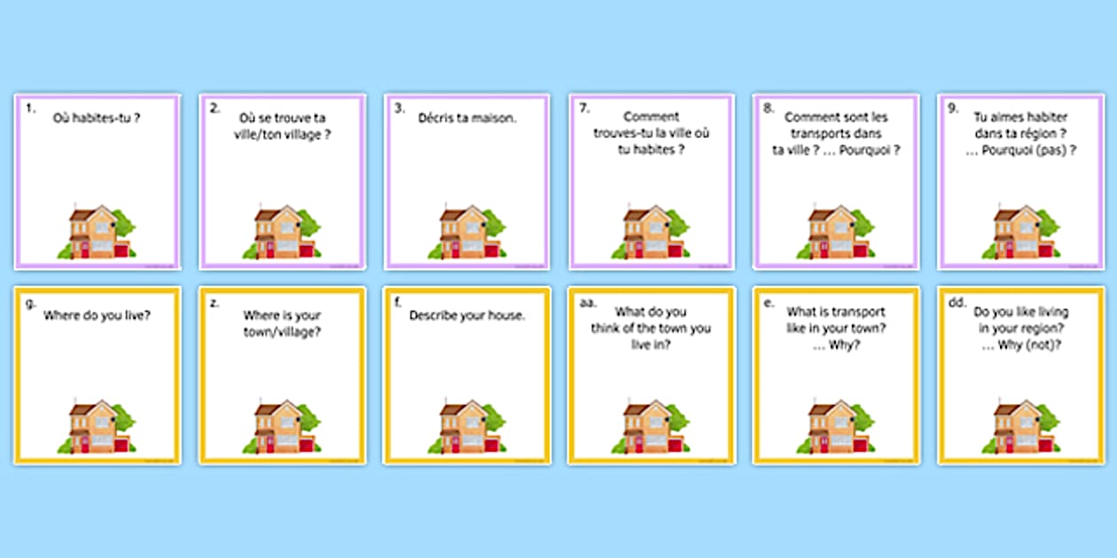 Home, Town, Neighbourhood and Region Question Pair Cards French
