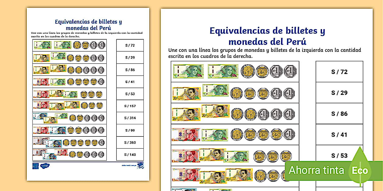 Guía de trabajo: Equivalencias de billetes y monedas del Perú