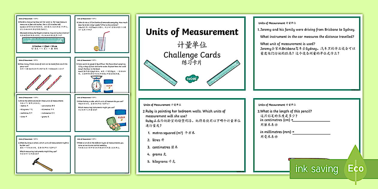 Units of Measurement Challenge Cards English/Mandarin Chinese