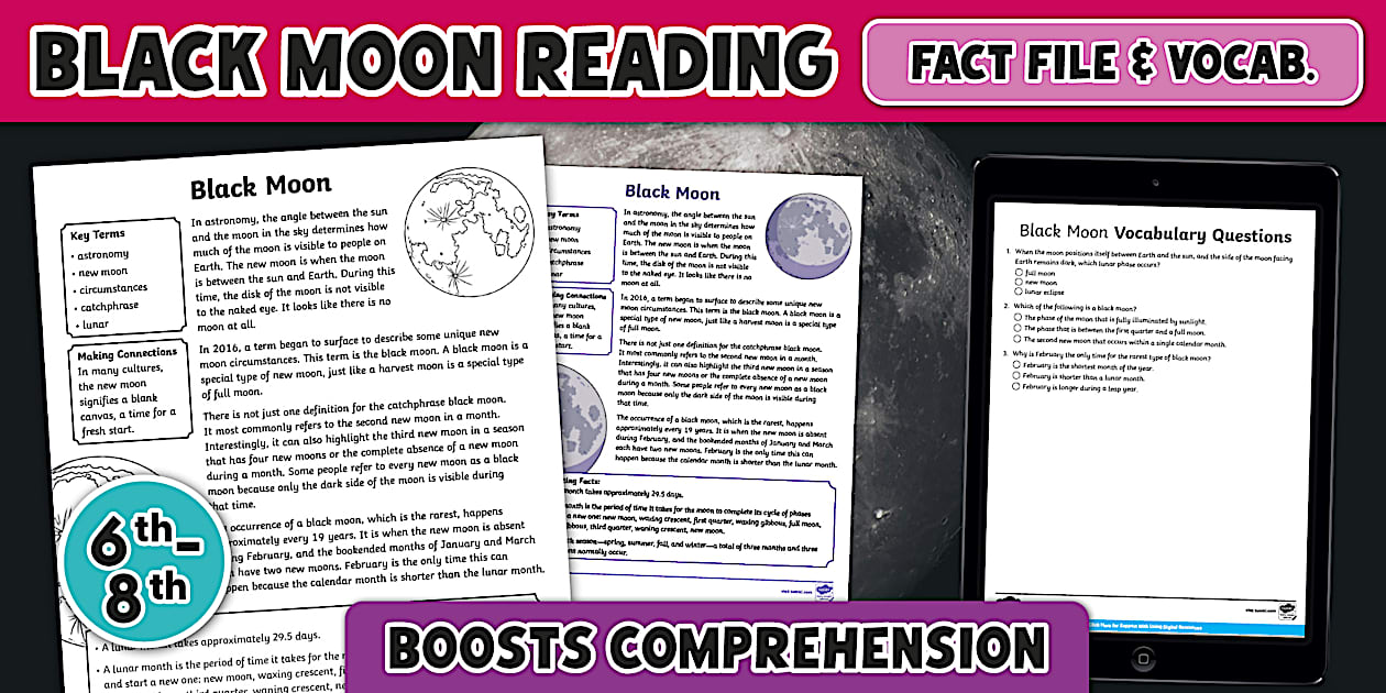 Black Moon Fact File and Vocabulary Questions for 6th-8th