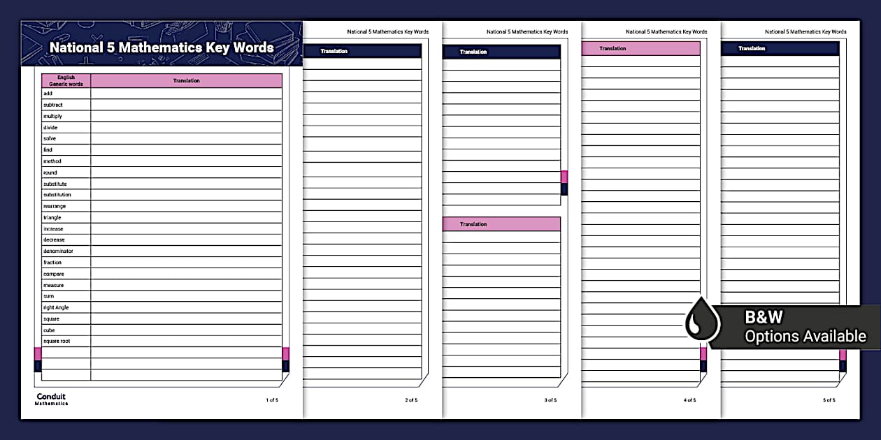 List of National 5 Mathematics Key Words for Translating