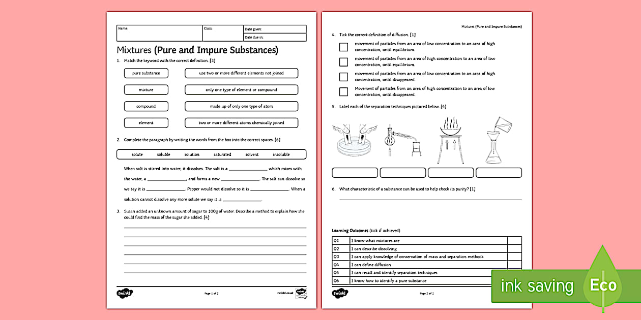 Editable Mixtures Worksheet - Homework, mixtures, separation