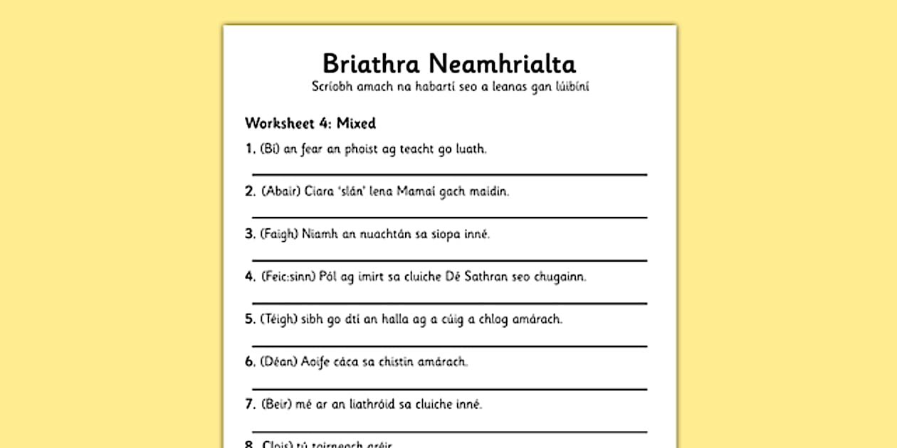 Na Briathra Neamhrialta Worksheet | Gaeilge | Twinkl