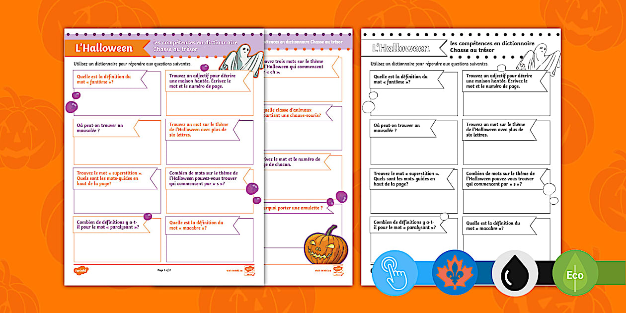 Halloween Dictionary Skills Scavenger Hunt Worksheet French