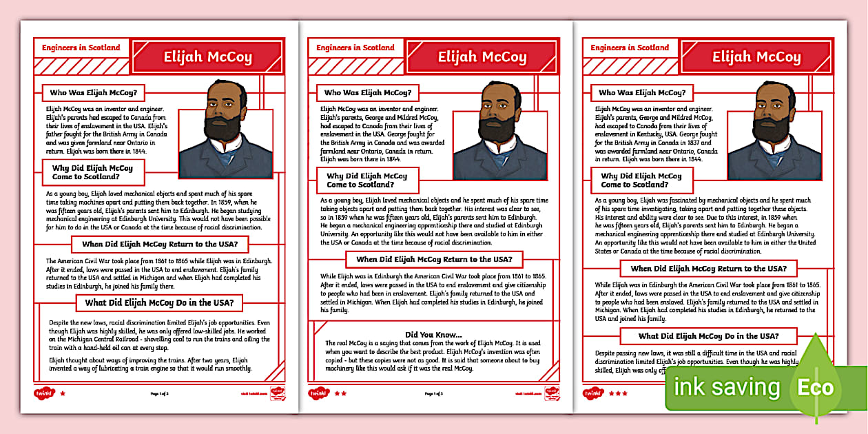 Engineers in Scotland - Elijah McCoy Fact File | Twinkl