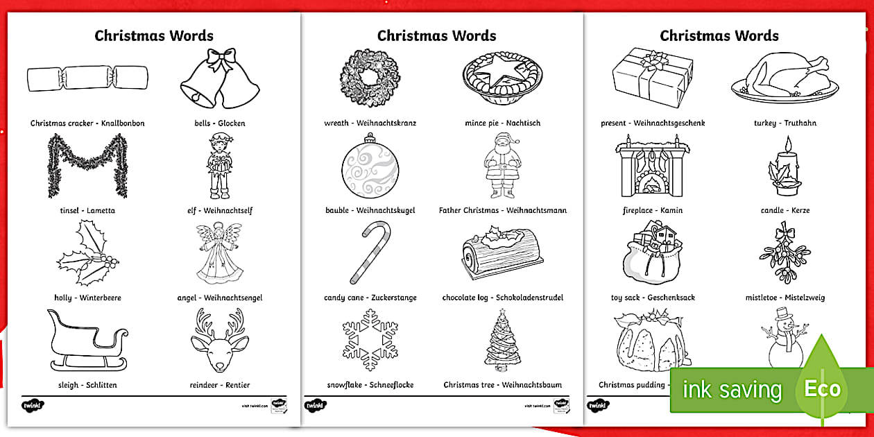 Christmas Words Colouring Pages English/German - EAL, German, Christmas ...