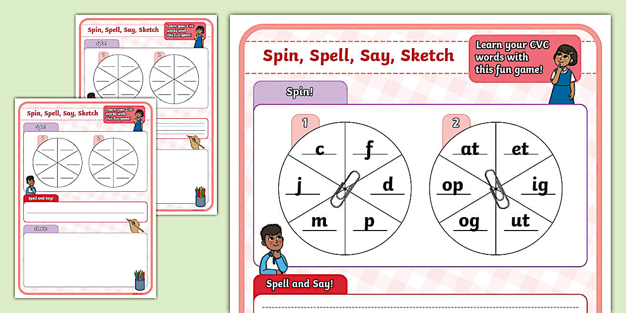 Spin, Spell, Say, Sketch - CVC words (teacher made) - Twinkl