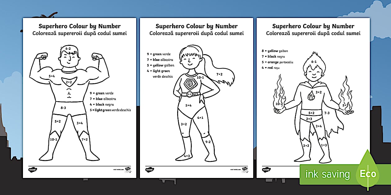 Superheroes Addition and Subtraction Up to 10 Color by Number English ...