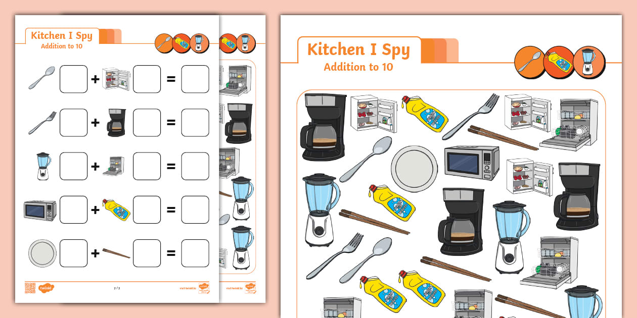08 Teacher I Am Done | Kitchen I Spy Addition to 10 - Twinkl