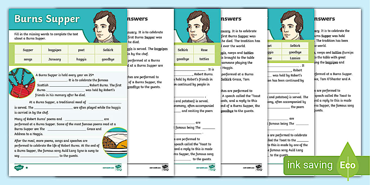 Burns Supper Cloze Passage Differentiated Worksheets