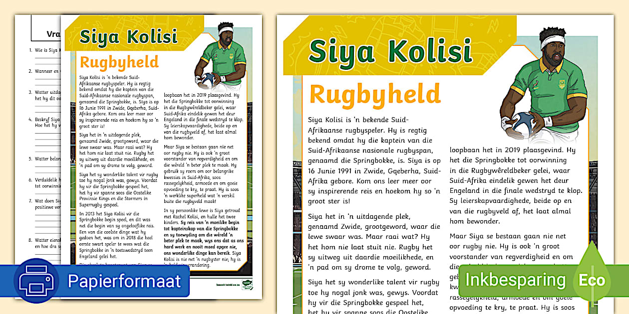 Siya Kolisi: Rugbyheld Begripstoets Graad 5 | Twinkl ZA