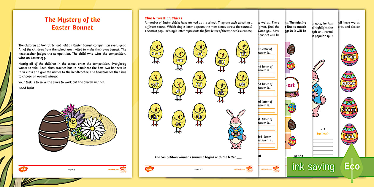 Black and White Easter Bonnet Mystery Phonics Problem-Solving Game