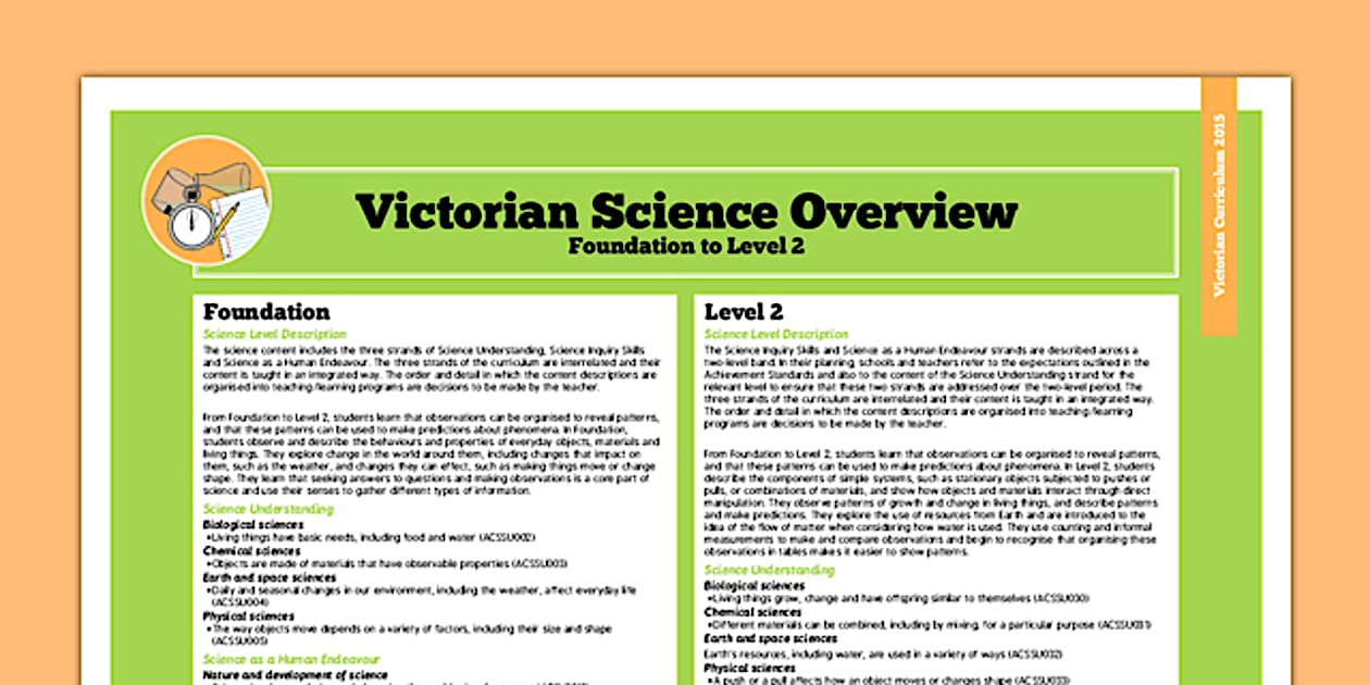 AusVELs Victorian Curriculum Foundation to Level 2 Science Overview