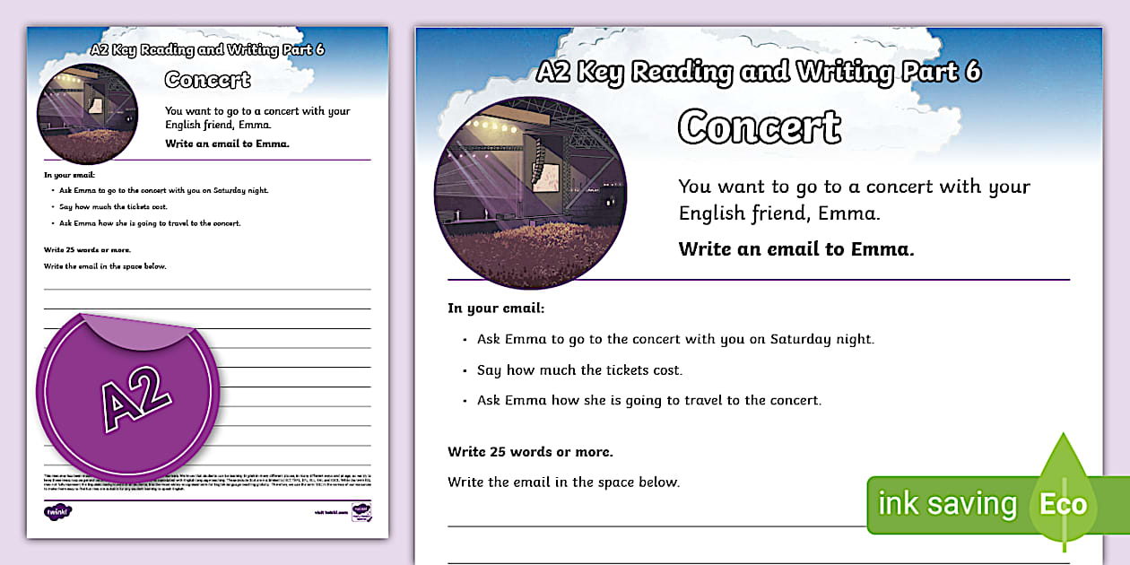 A2 Key (KET) - Reading and Writing Part 6 (Concert) - Twinkl