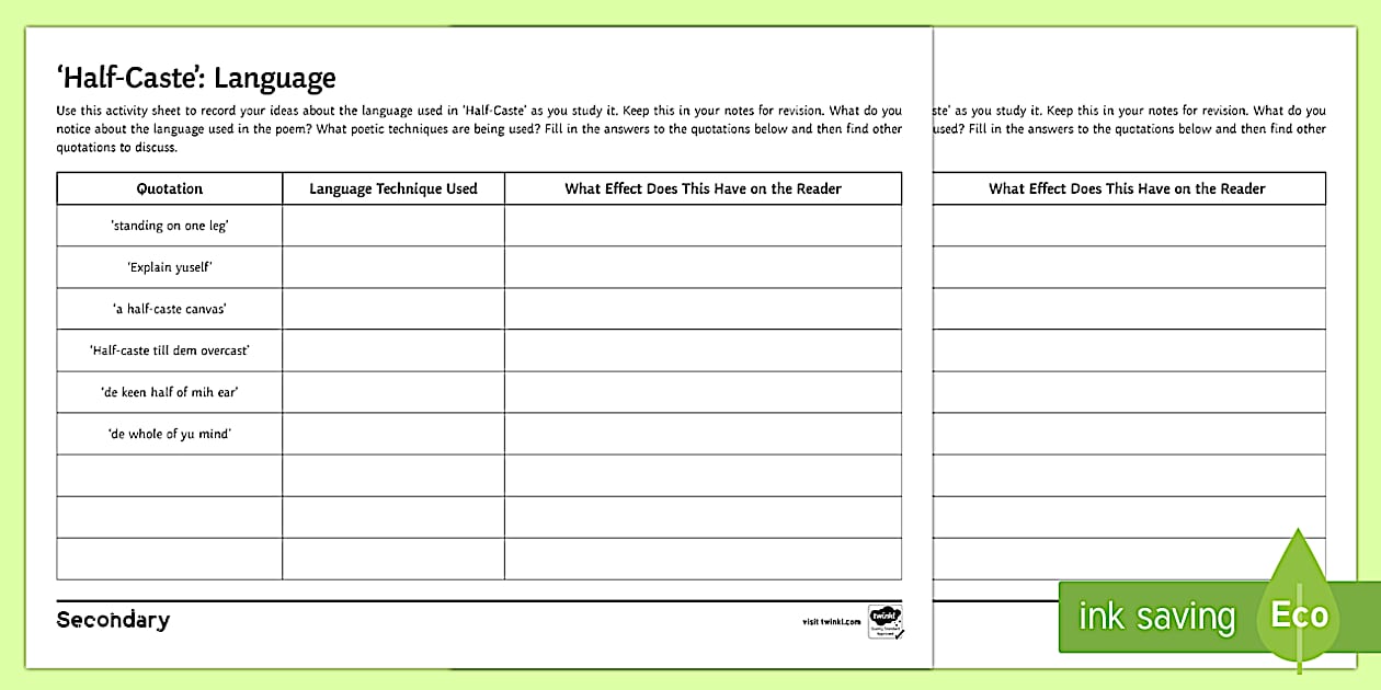 GCSE 'Half-Caste' by John Agard Language Analysis Worksheet / Worksheet