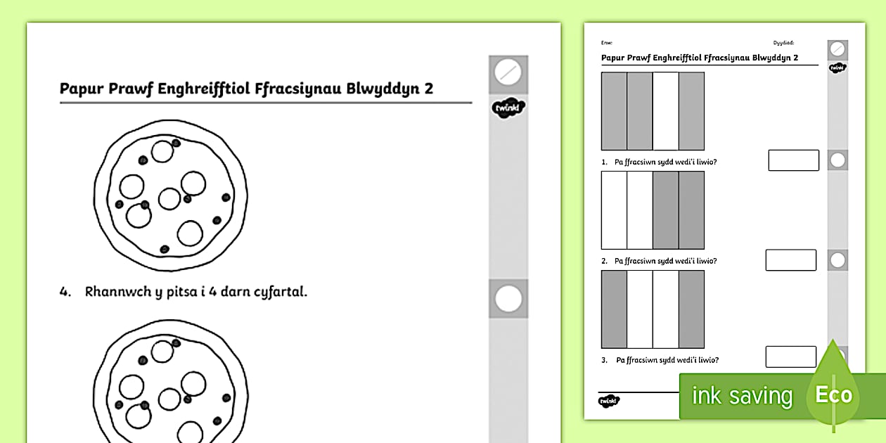Prawf Rhifedd Enghreifftiol | Blwyddyn 2 | Ffracsiynau