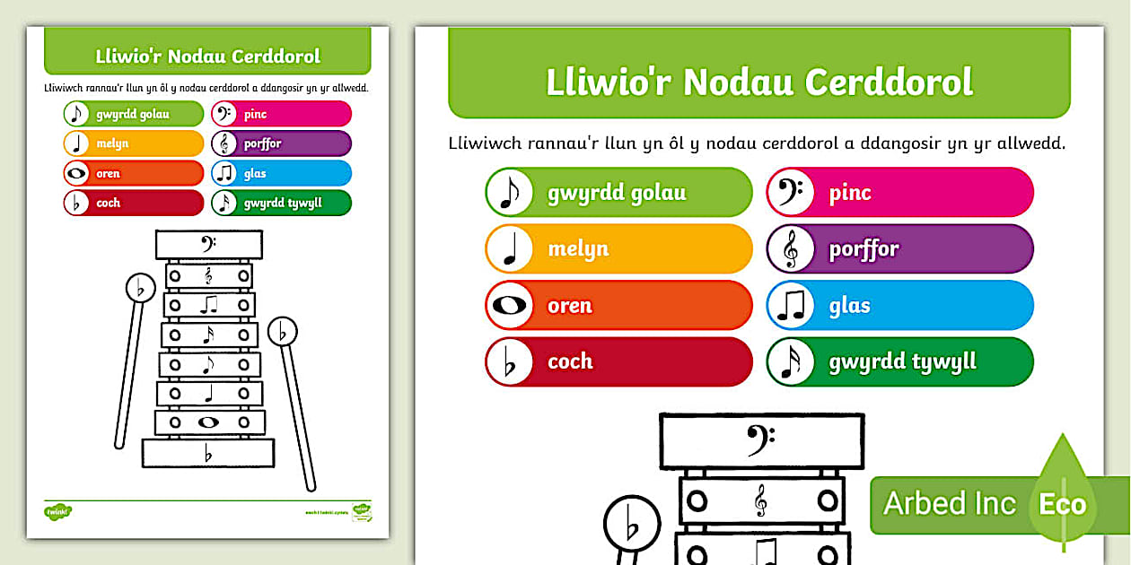 Taflen Weithgaredd Lliwio'r Nodau Cerddorol - Twinkl