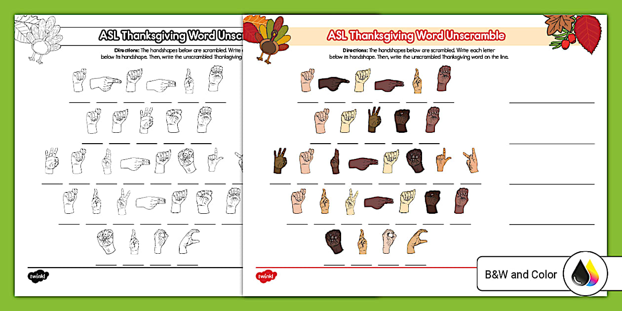 Thanksgiving Unscramble ASL Worksheet | Resource | Twinkl USA