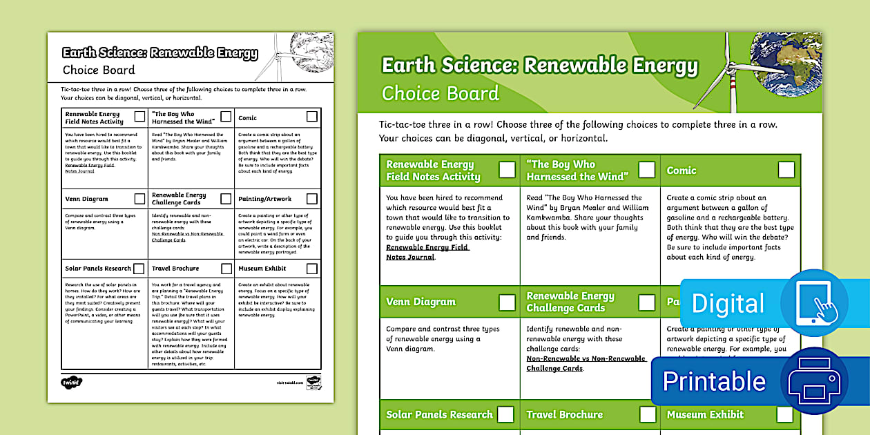 Earth Science: Renewable Energy Choice Board (Teacher-Made)