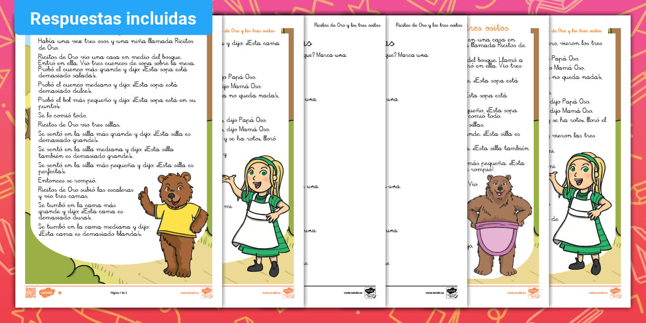 Comprensión lectora por niveles: Ricitos de Oro y los tres ositos