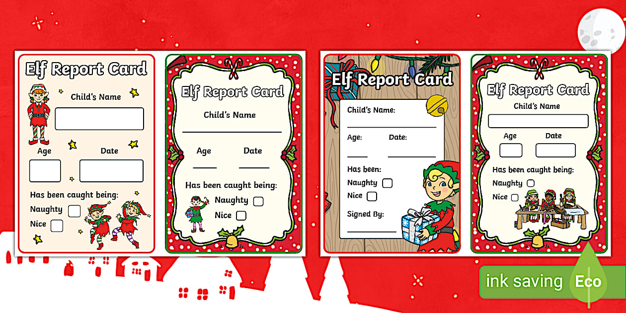 Black and White Editable Elf Report Card Templates - Twinkl