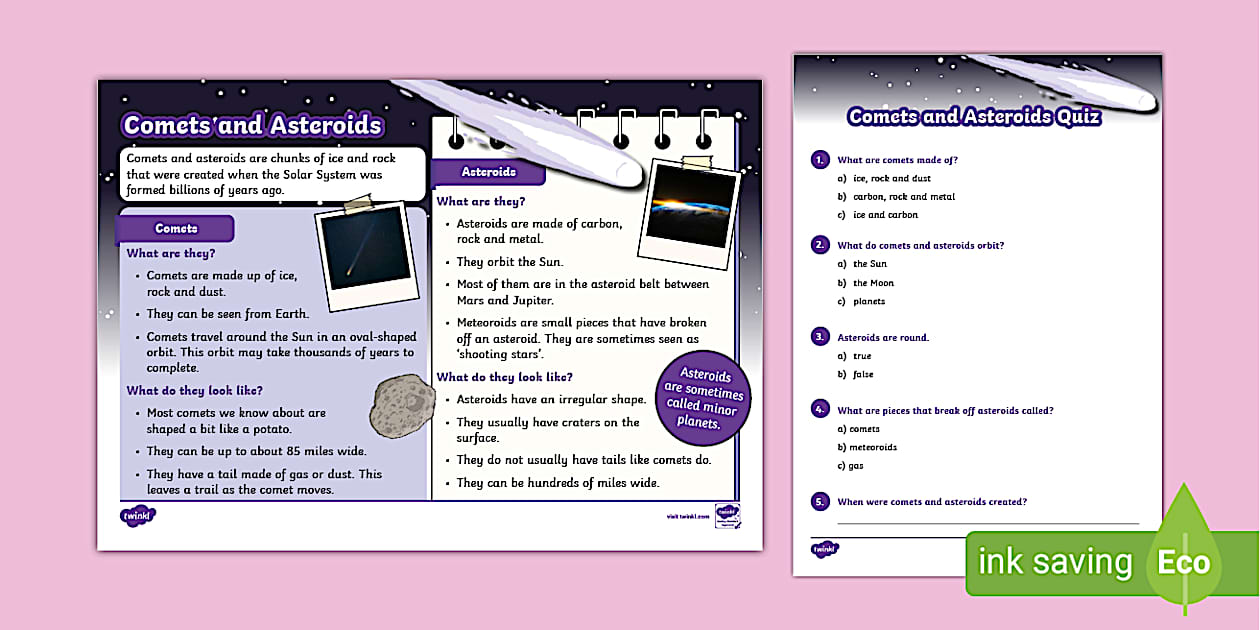 KS1 Comets and Asteroids Fact File and Quiz (teacher made)