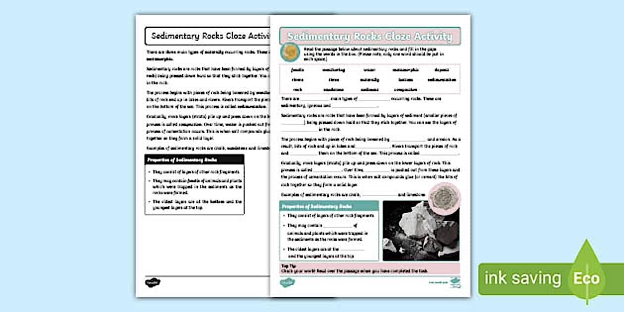 Sedimentary Rocks Worksheet PDF KS2 Cloze Activity - Twinkl