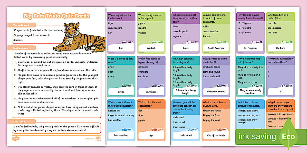 Big Cats Trivia Quiz Cards - Twinkl - Science