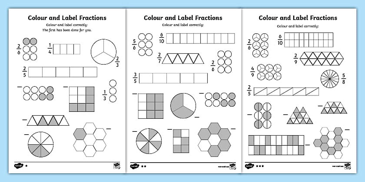 Colour and Label Fractions Worksheet (teacher made) - Twinkl