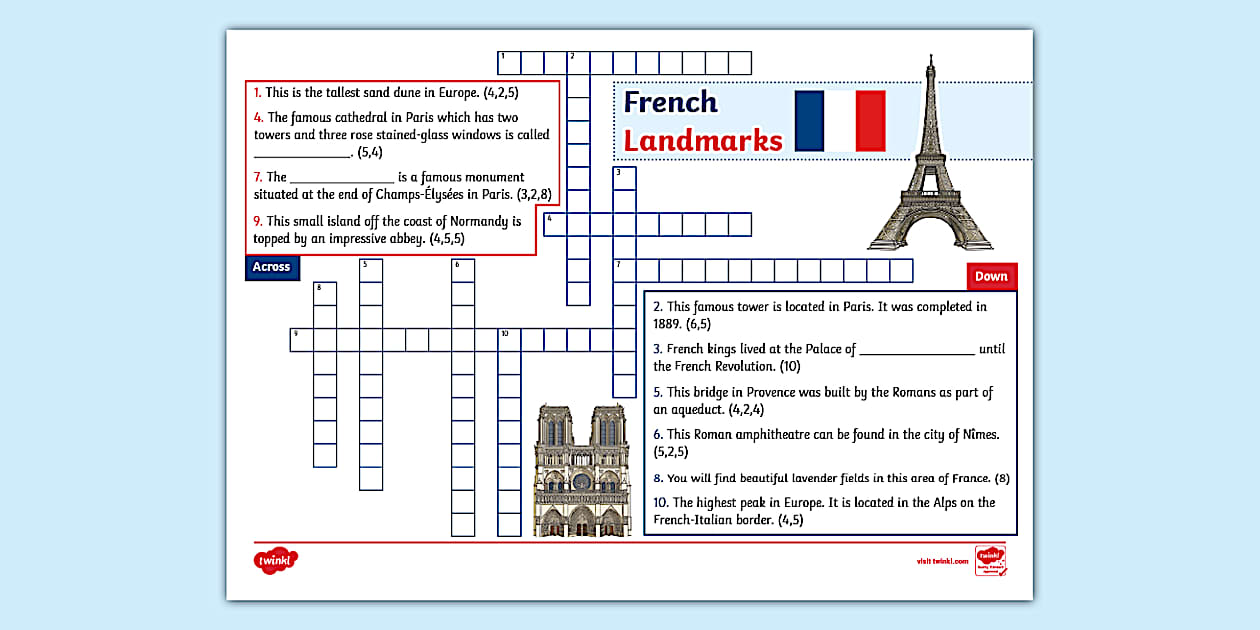 French Landmarks Crossword - KS2 (Hecho por educadores)