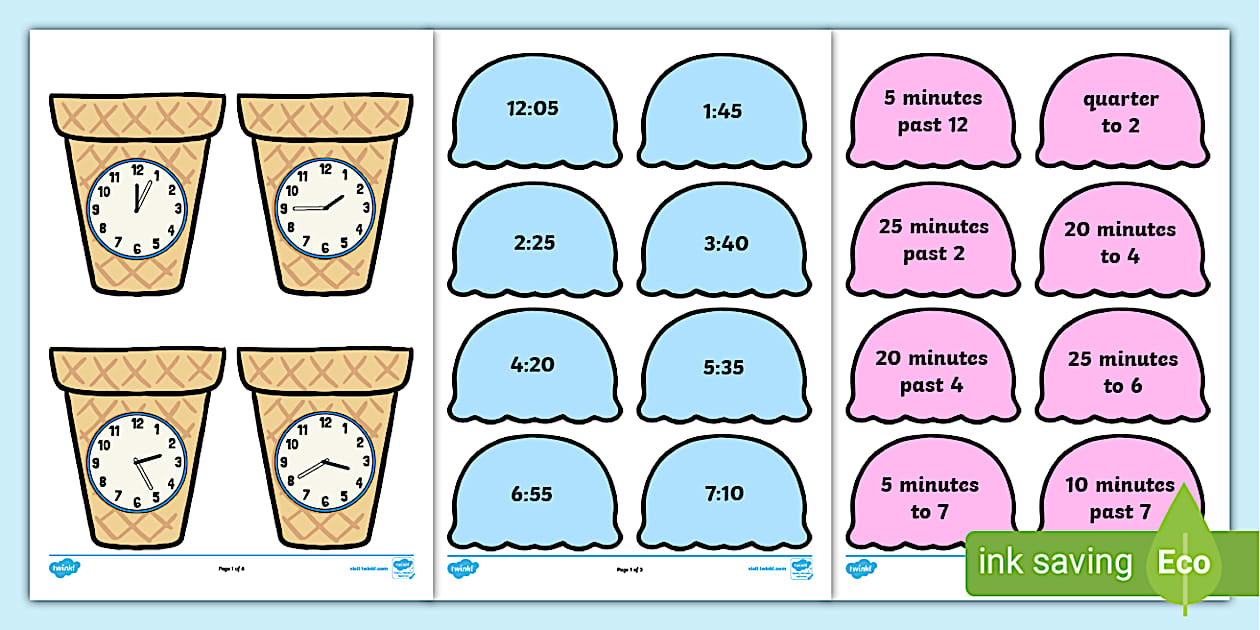 👉 Telling the Time Ice Cream 5 Minute Intervals Worksheets