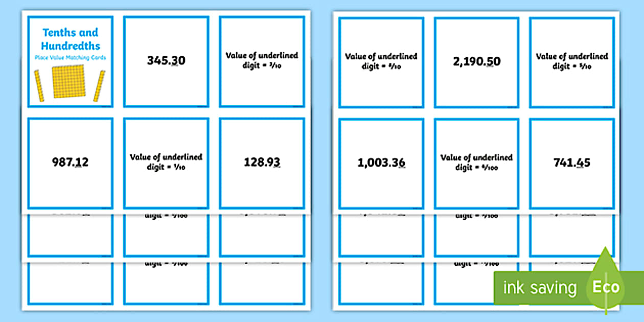 Tenths and Hundredths Place Value Matching Cards - Twinkl