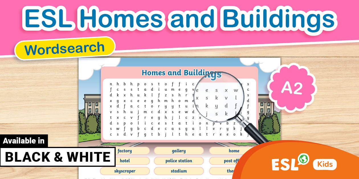 ESL Homes and Buildings Wordsearch for Kids