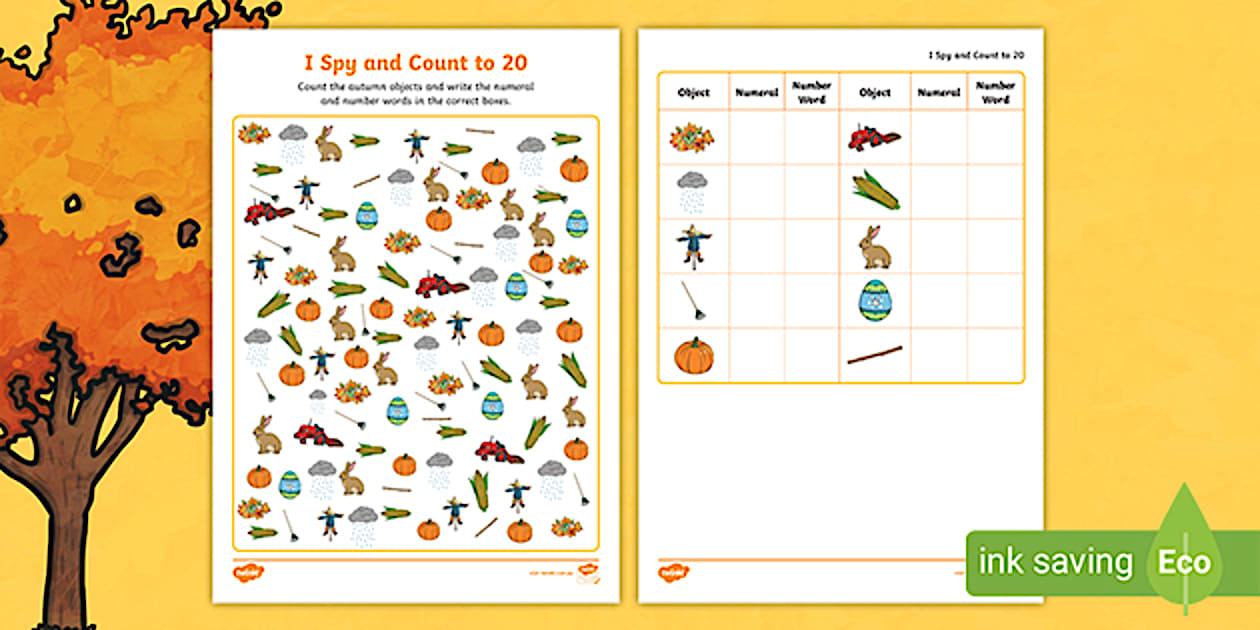 TAS Autumn-Themed I Spy and Count to 20 Activity - Twinkl