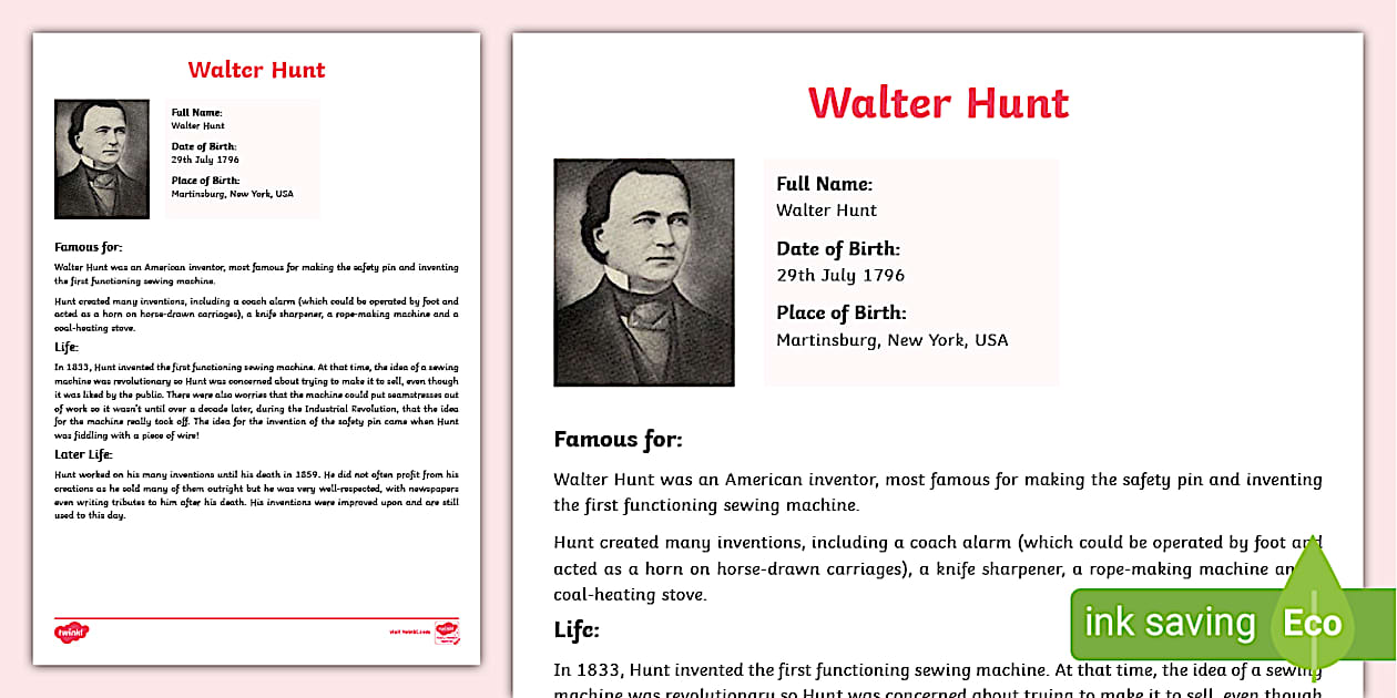 Walter Hunt Fact File (ティーチャーメイド) - Twinkl