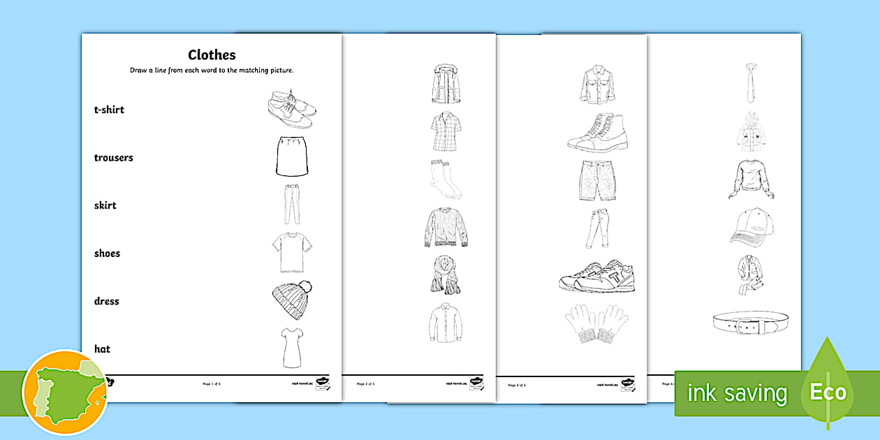 A2 Ficha de emparejar palabra con dibujo: Ropa en inglés