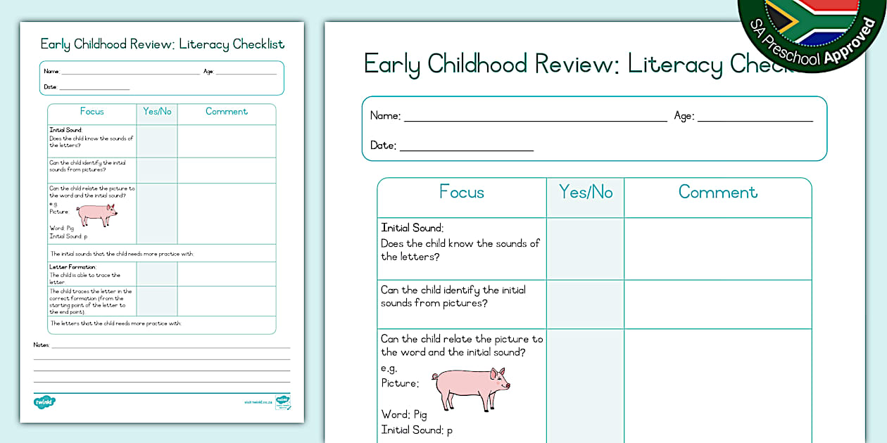 Preschool: Early Childhood Review: Literacy Checklist