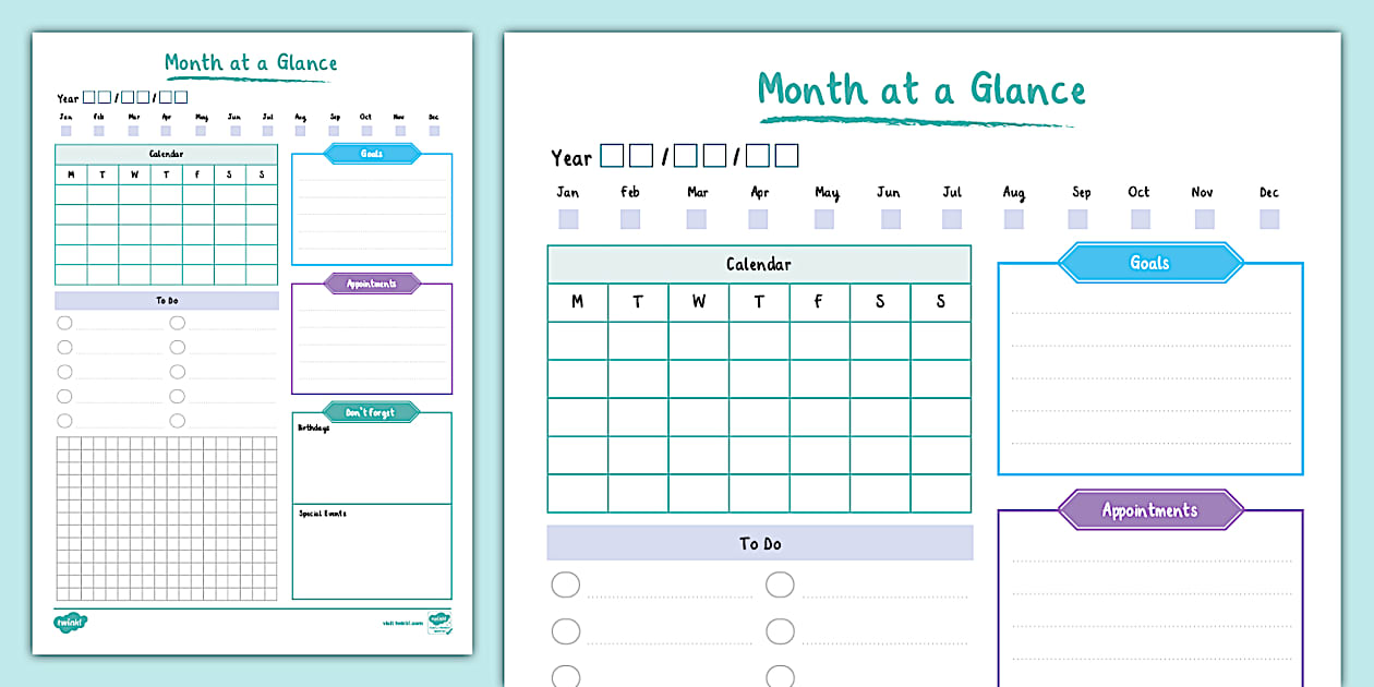 Month At A Glance Planner Template ELC - Twinkl