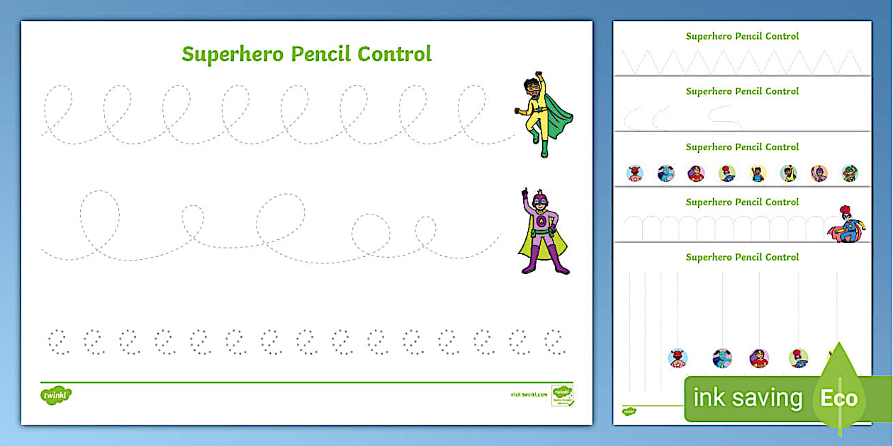 Cursive Superhero Themed Pencil Control Worksheets - Twinkl