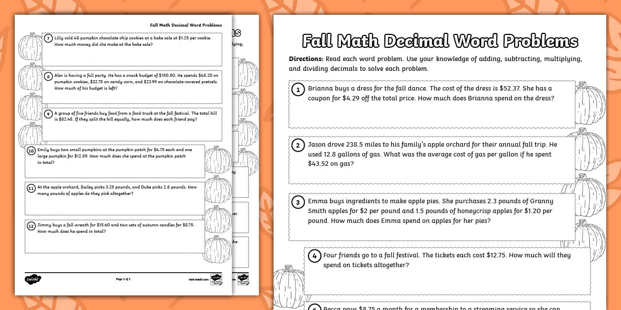 Sixth Grade Fall Math Decimal Word Problems (teacher made)