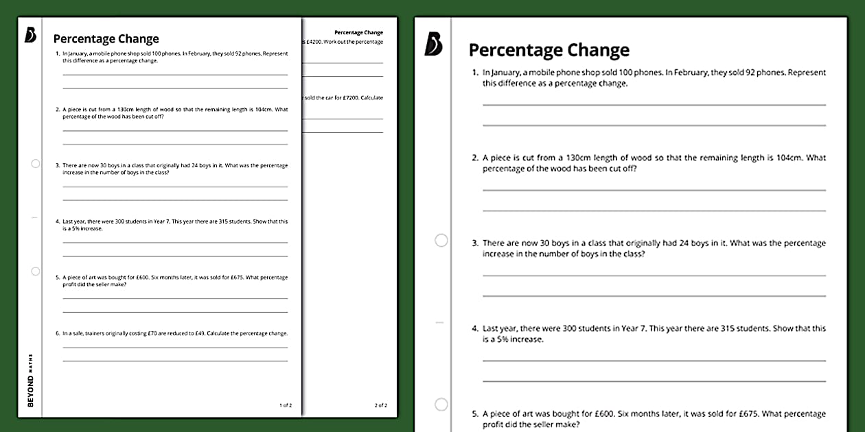 Percentage Change Worksheet | KS3 Maths | Beyond - Twinkl
