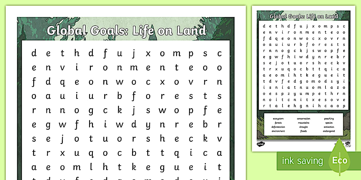 Black and White Global Goals: Life on Land Word Search