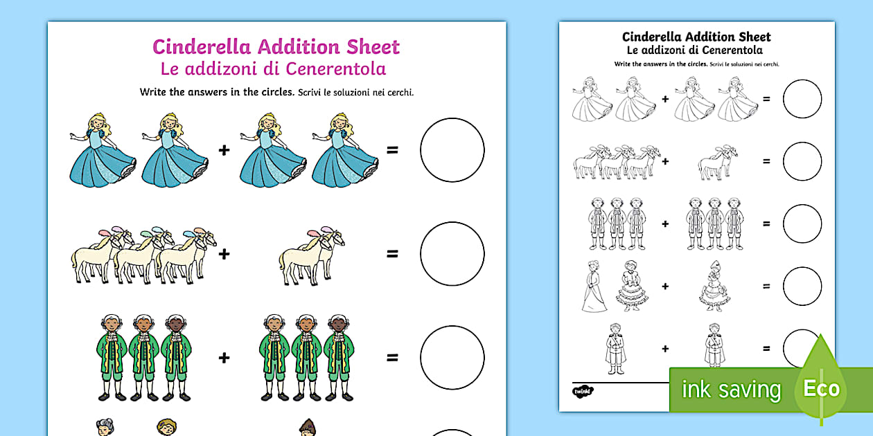 Black and White Cinderella Addition Sheets Worksheet English/Italian