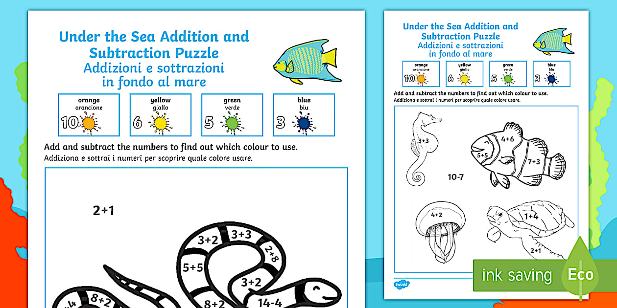 Under the Sea Themed Addition and Subtraction Puzzle 0-10 English/Italian