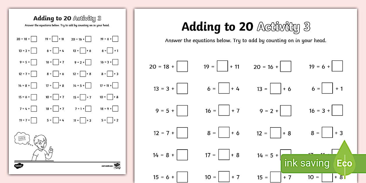 👉 Adding to 20 Activity Sheet 3, Missing number addition