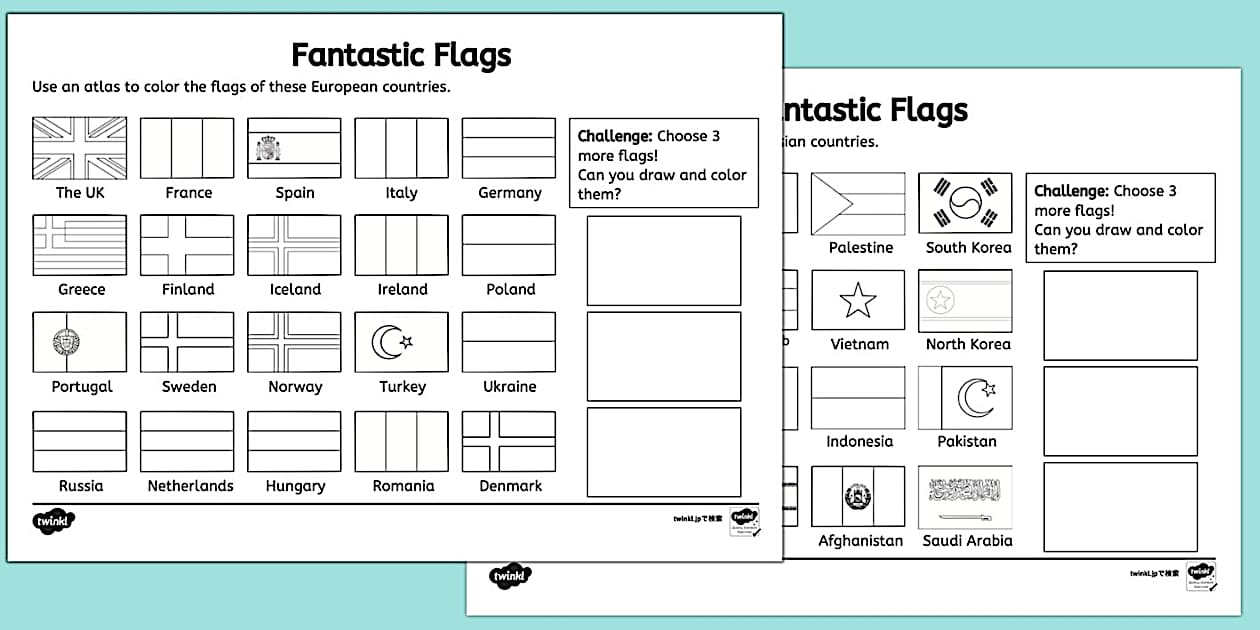 Fantastic Flags- Europe and Asia Flags Coloring Worksheet- English