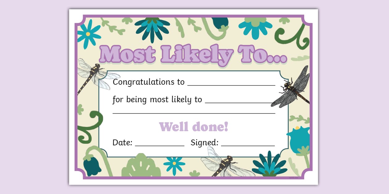Dragonfly-Themed Most Likely To...Certificate (teacher made)