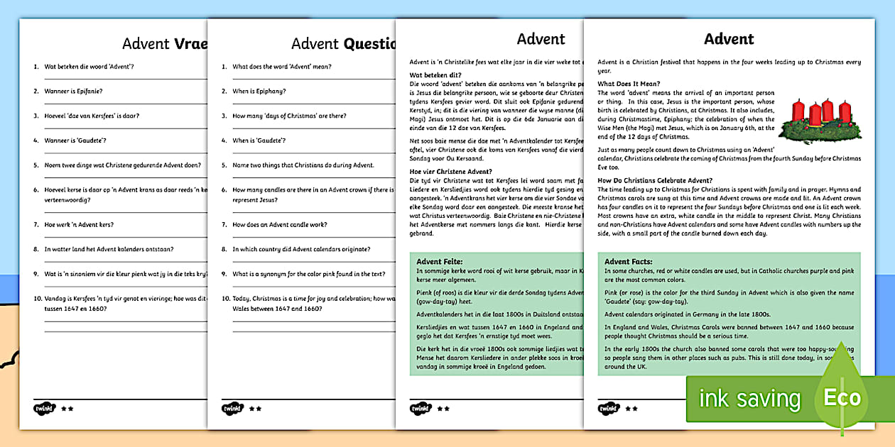Advent Differentiated Reading Comprehension Activity English/Afrikaans